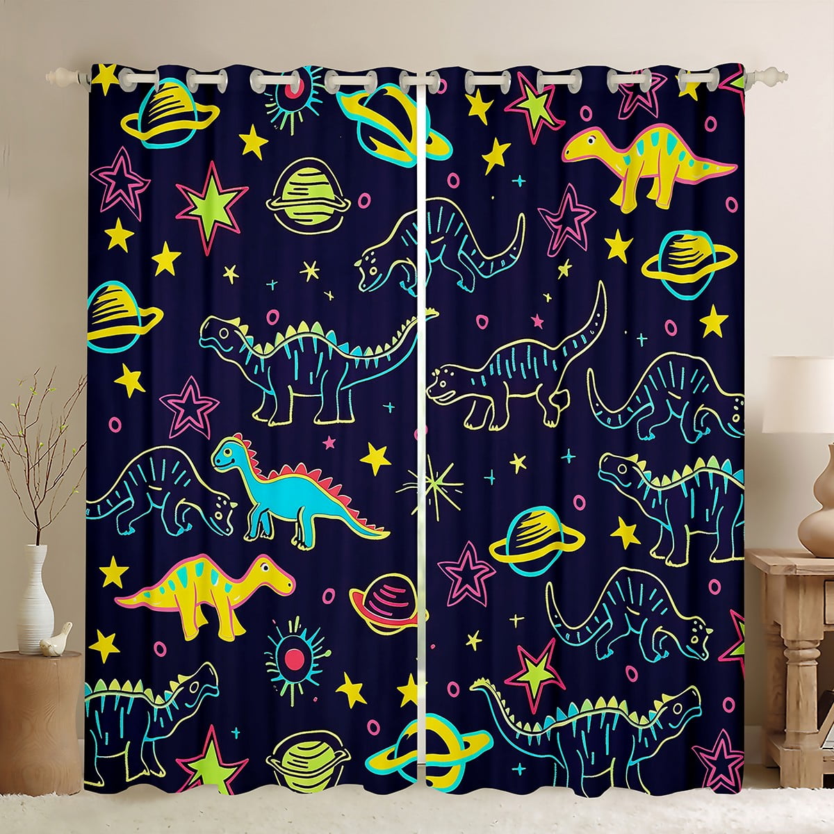 Erosebridal Neon Dinosaur Curtains Pack of 2 (42x90), Outer Space ...