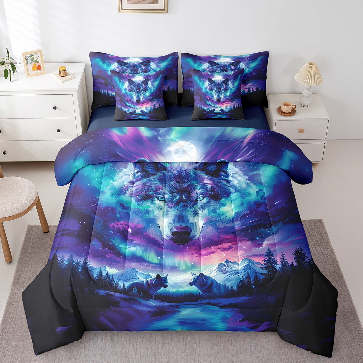 Erosebridal Neon Galaxy Aurora Bedding Sets King Size,Wildlife Wolves Wolf Comforter Sets with ...