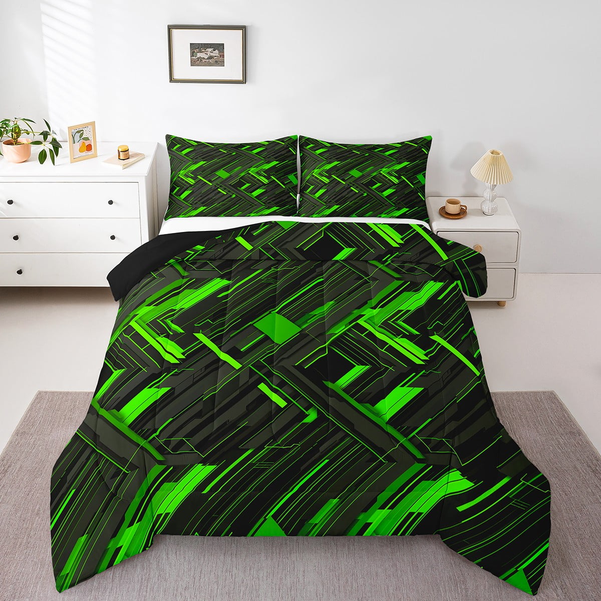 Erosebridal Neon Green Lines Comforter Sets Full Size, Abstract ...
