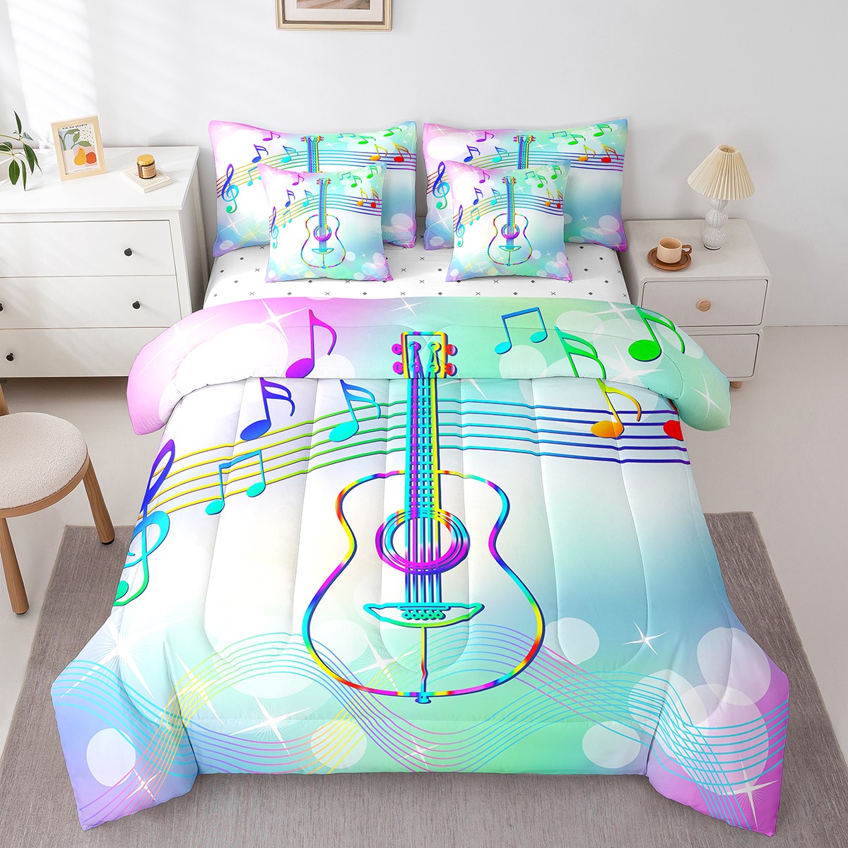 Erosebridal Neon Guitar Bedding Sets King Size, Musical Note Comforter ...