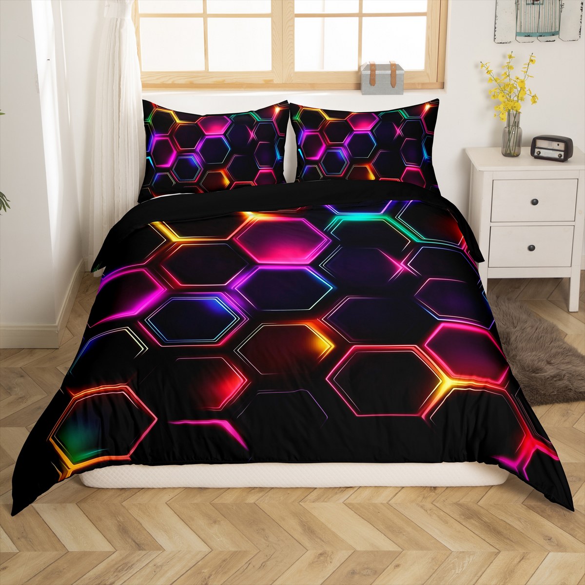 Erosebridal Neon Honeycomb Duvet Cover Queen, Geometric Bedding Sets ...
