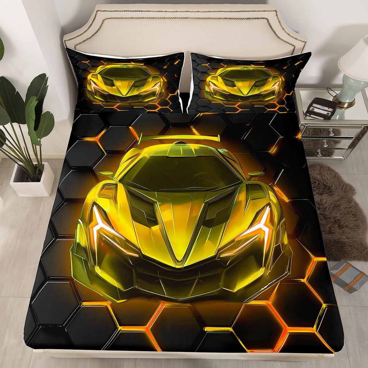 Erosebridal Neon Honeycomb Fitted Sheet,Racing Car Bed Sheets Full ...