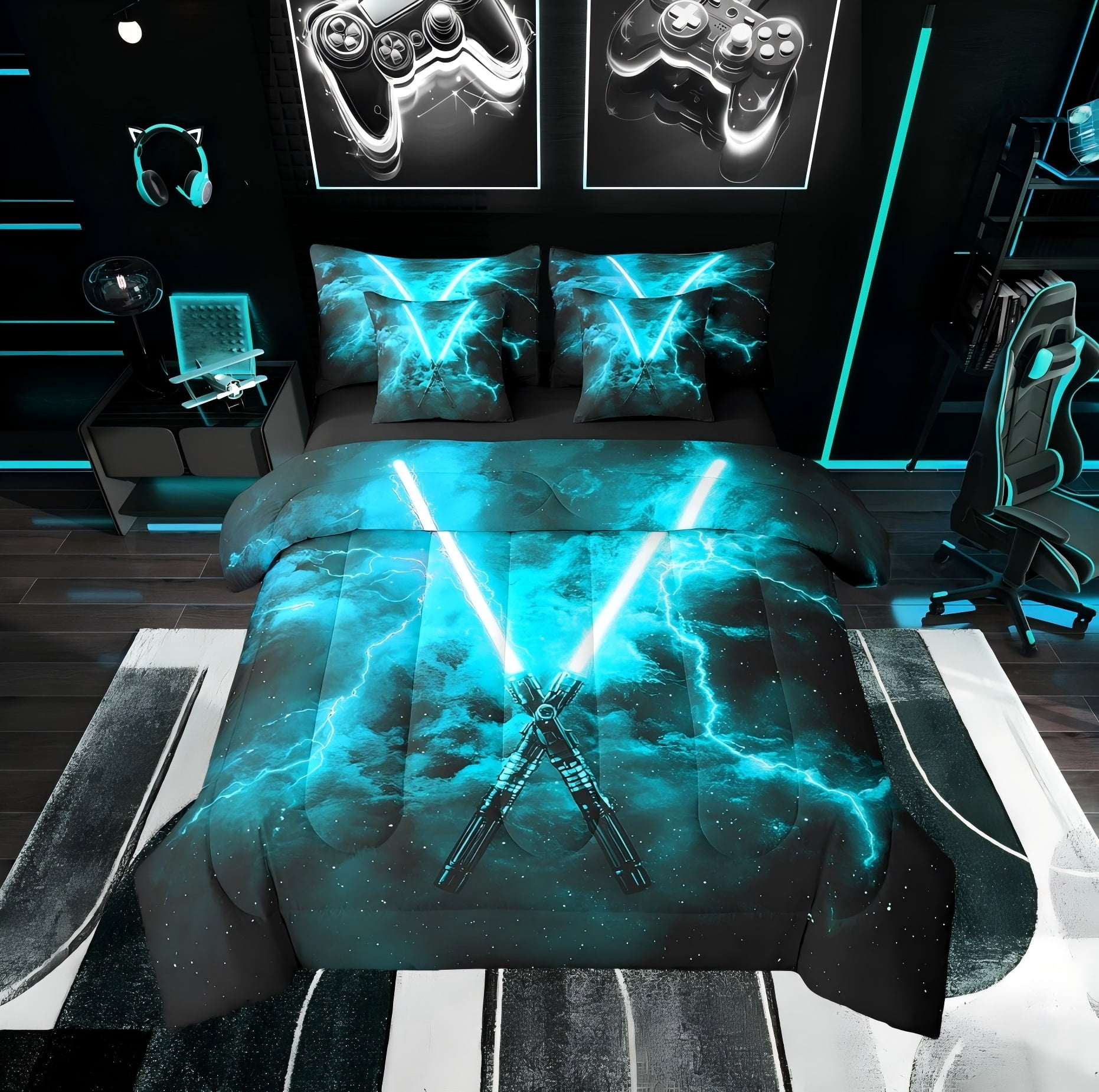 Erosebridal Neon Lightsaber Bedding Queen Comforter Set, Blue Lightning ...