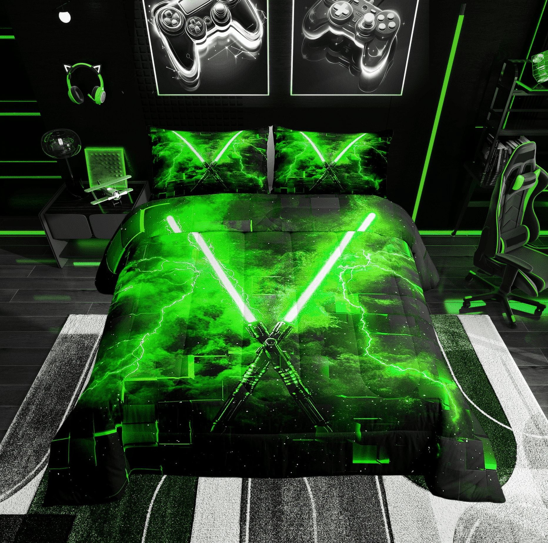 Erosebridal Neon Lightsaber Comforter Sets Queen Size, Green Geometry ...