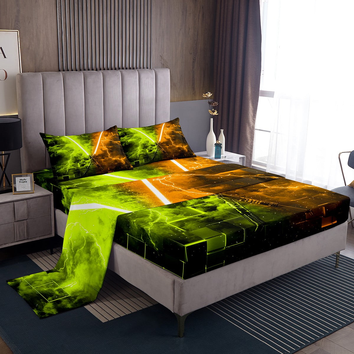 Erosebridal Neon Lightsaber King Sheet Sets, Yellow Orange Geometry ...