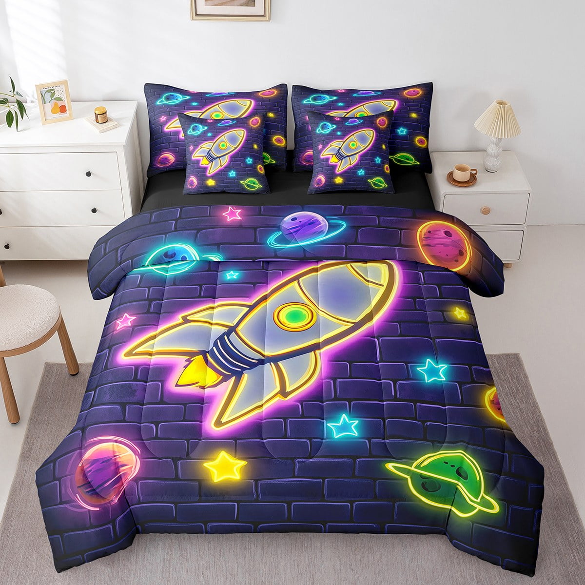 Erosebridal Neon Rocket Bedding King Size, Cartoon Planet Bed in a Bag ...
