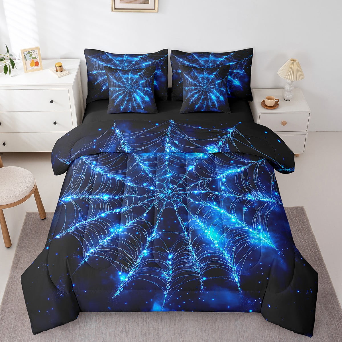 Erosebridal Neon Spider Web Bedding King Size, Dreamy Starry Sky Bed ...