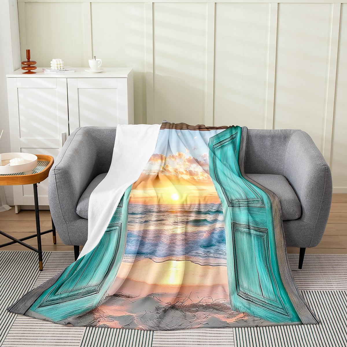 Erosebridal Ocean Beach Flannel Blanket 30x40,Blue Golden Sherpa Throw ...