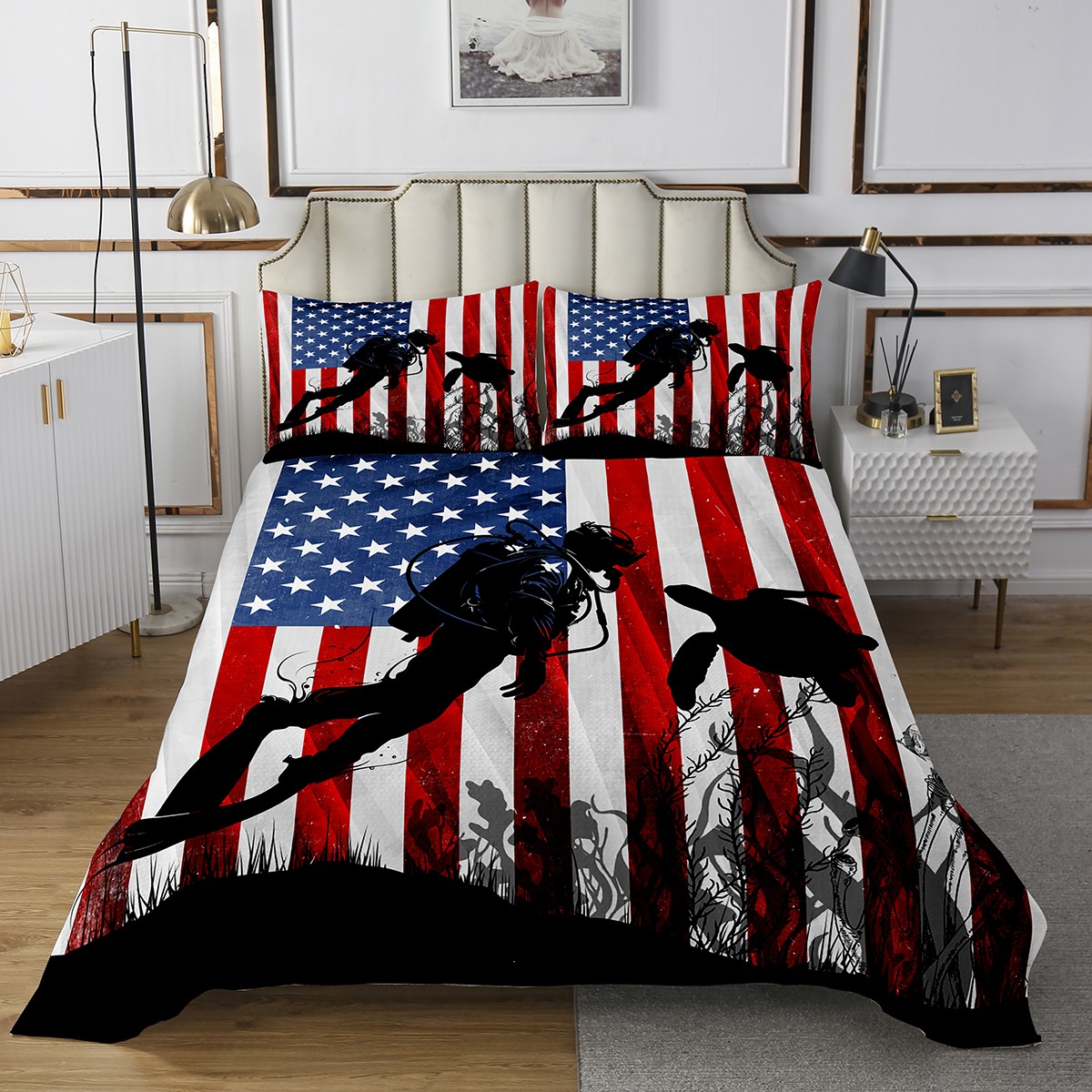 Erosebridal Ocean Diving Coverlet Set Twin, Retro American Flag Bed Set ...
