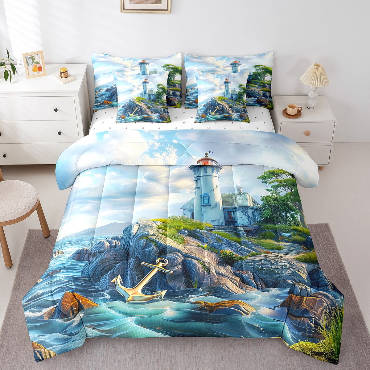 Erosebridal Ocean Lighthouse Bed in a Bag King size, Lake House Bedding ...
