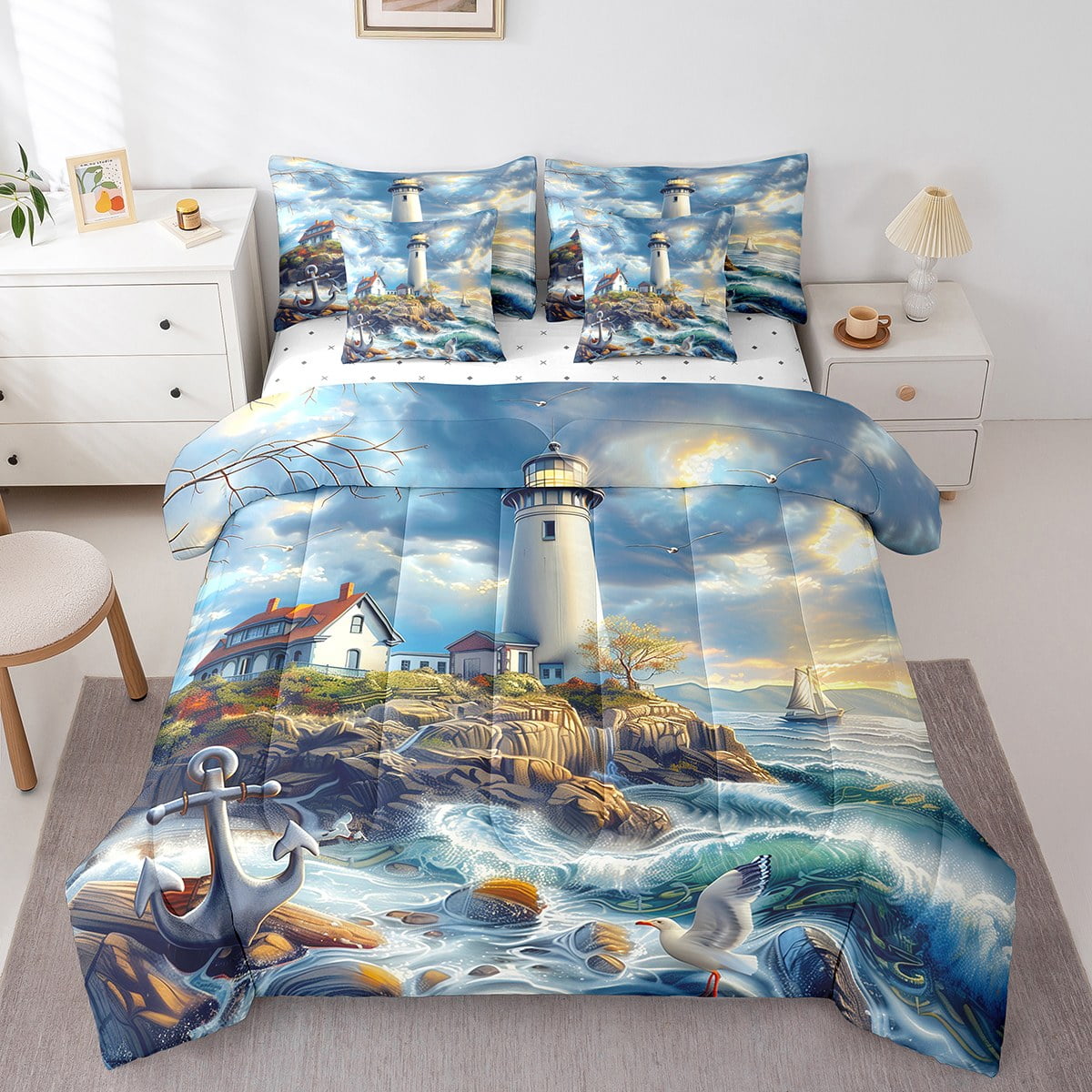 Erosebridal Ocean Lighthouse Bedding Twin Size, Lake House Bedding Sets ...