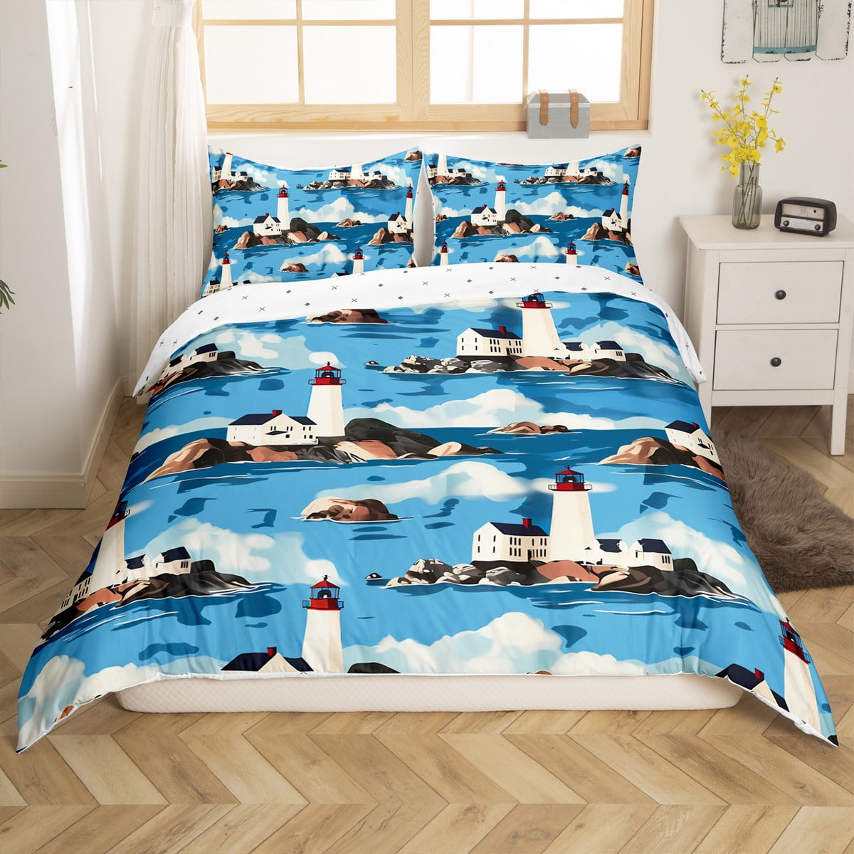 Erosebridal Ocean Lighthouse Duvet Cover Full,Blue White Comforter Cover Full,Marine Nautical ...