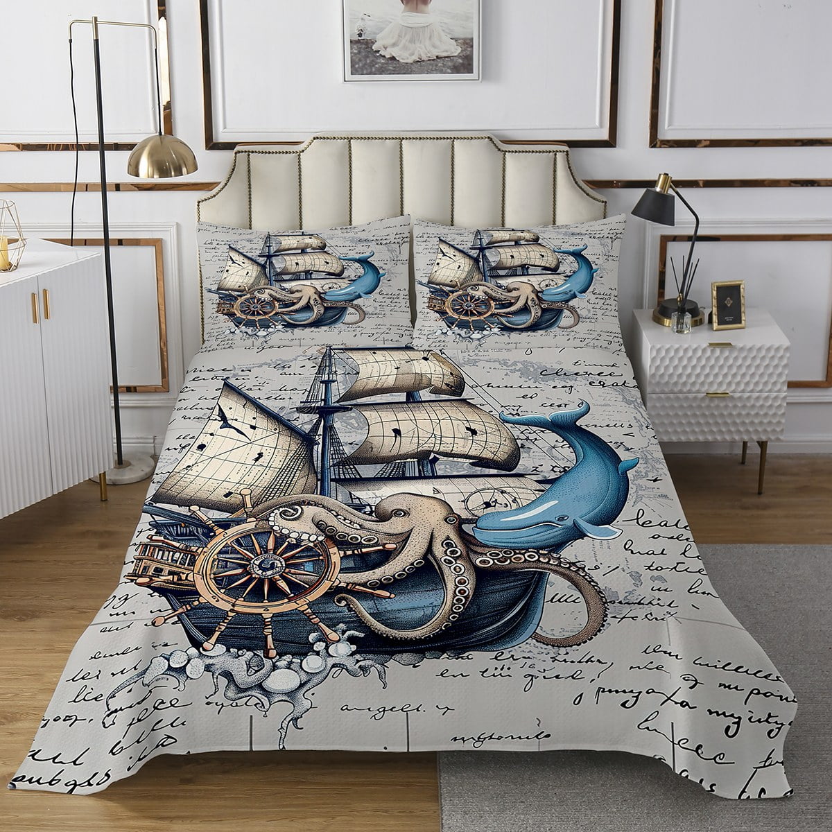 Erosebridal Ocean Octopus Coverlet Set King, Vintage Sailboat Bedding ...