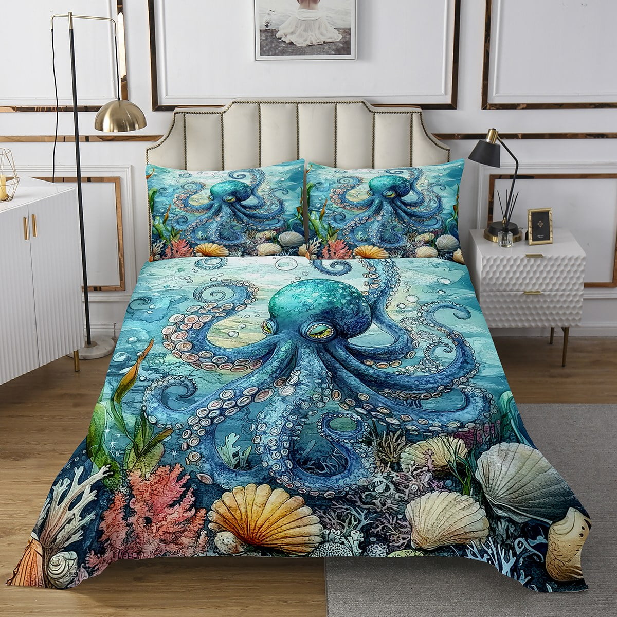Erosebridal Ocean Octopus Coverlet Set Queen, Sea Animal Bed Quilt ...