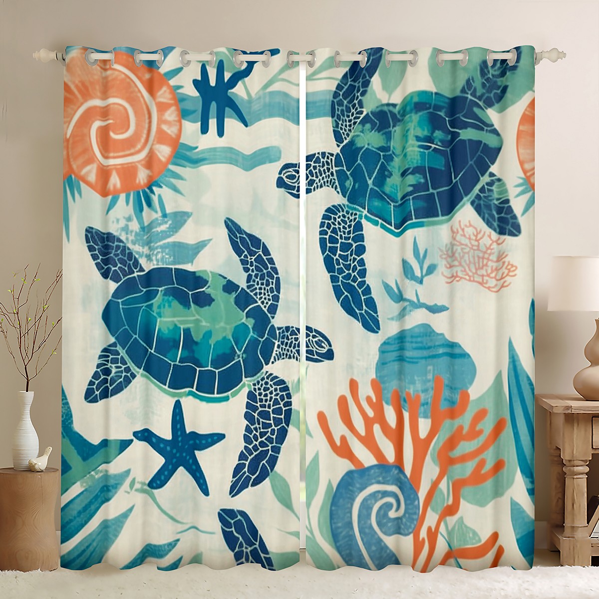Erosebridal Ocean Sea Turtle Curtains for Living Room, Starfish 30%-50% ...