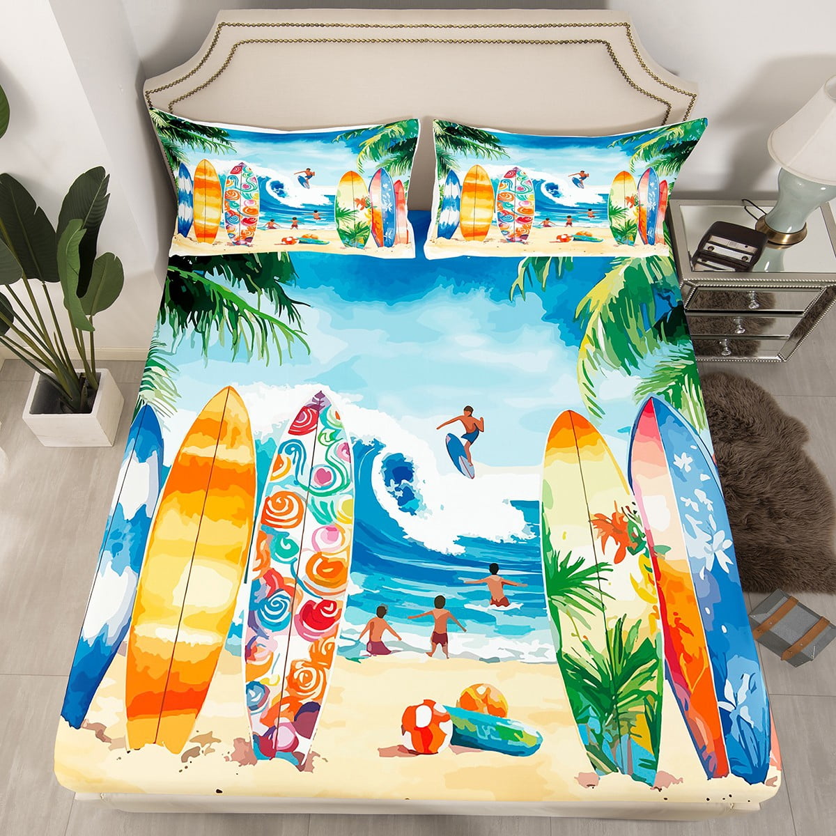 Erosebridal Ocean Surfing Fitted Sheet Full,Tropical Leaves Bedding Set ...