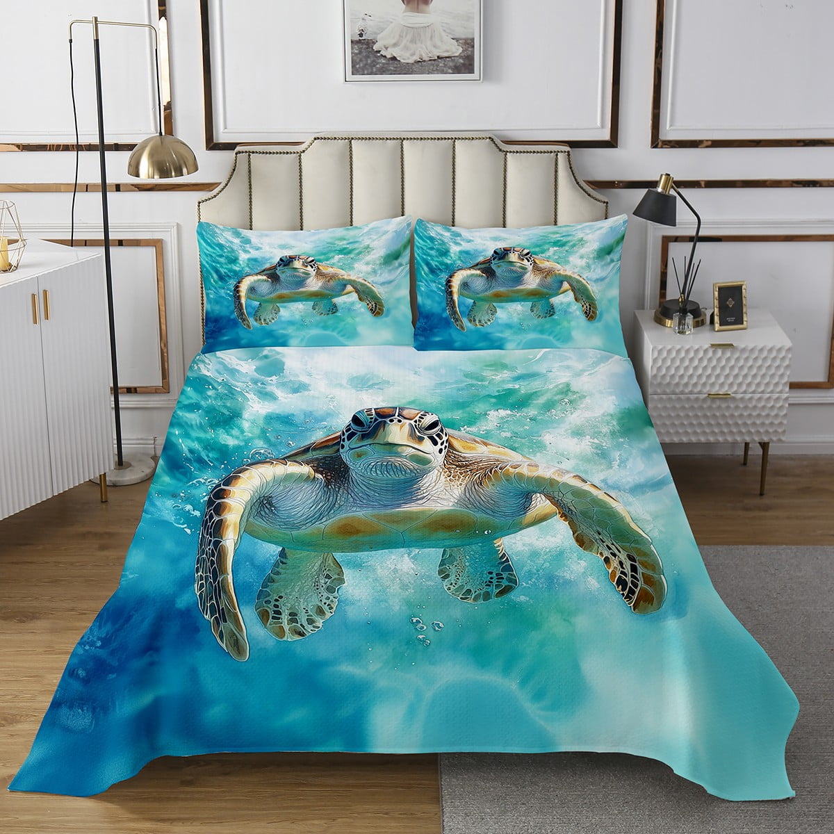 Erosebridal Ocean Turtle Quilt Sets for Twin Size Bed,Teal Blue Bed Set ...