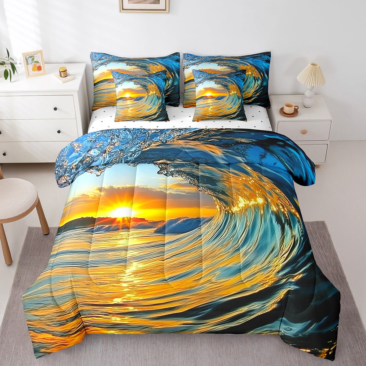 Erosebridal Ocean Waves Comforter Set Full 7 Pcs Seaside Sunset Ocean ...