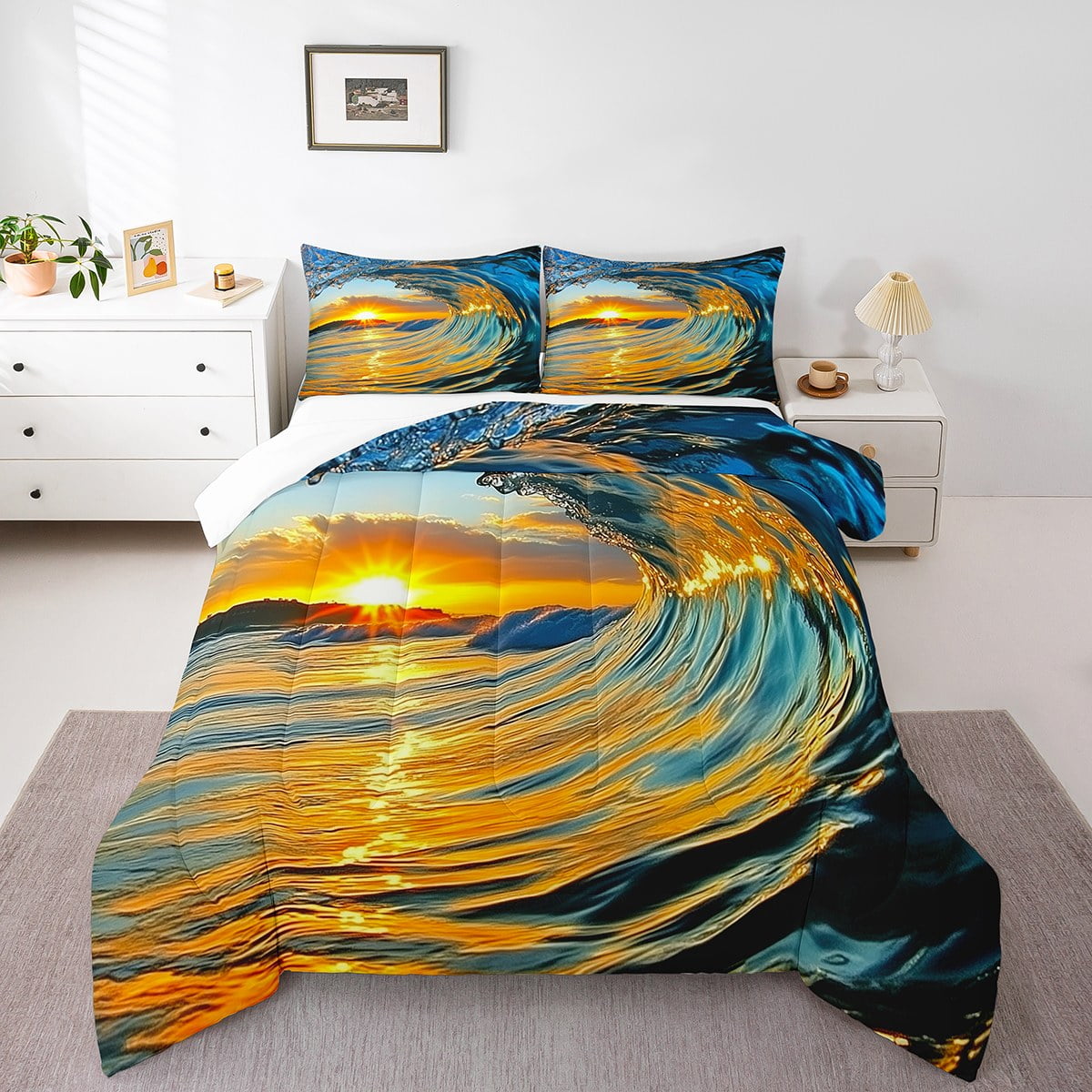 Erosebridal Ocean Waves Comforter Set Queen Size Seaside Sunset Bedding Set Ocean Sea Coastal ...