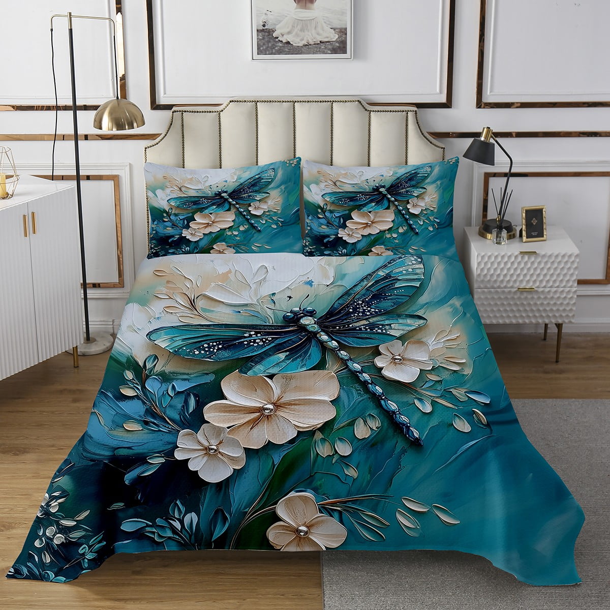 Erosebridal Oil Painting Dragonfly Bedspread Sets Twin Size,Blue and ...