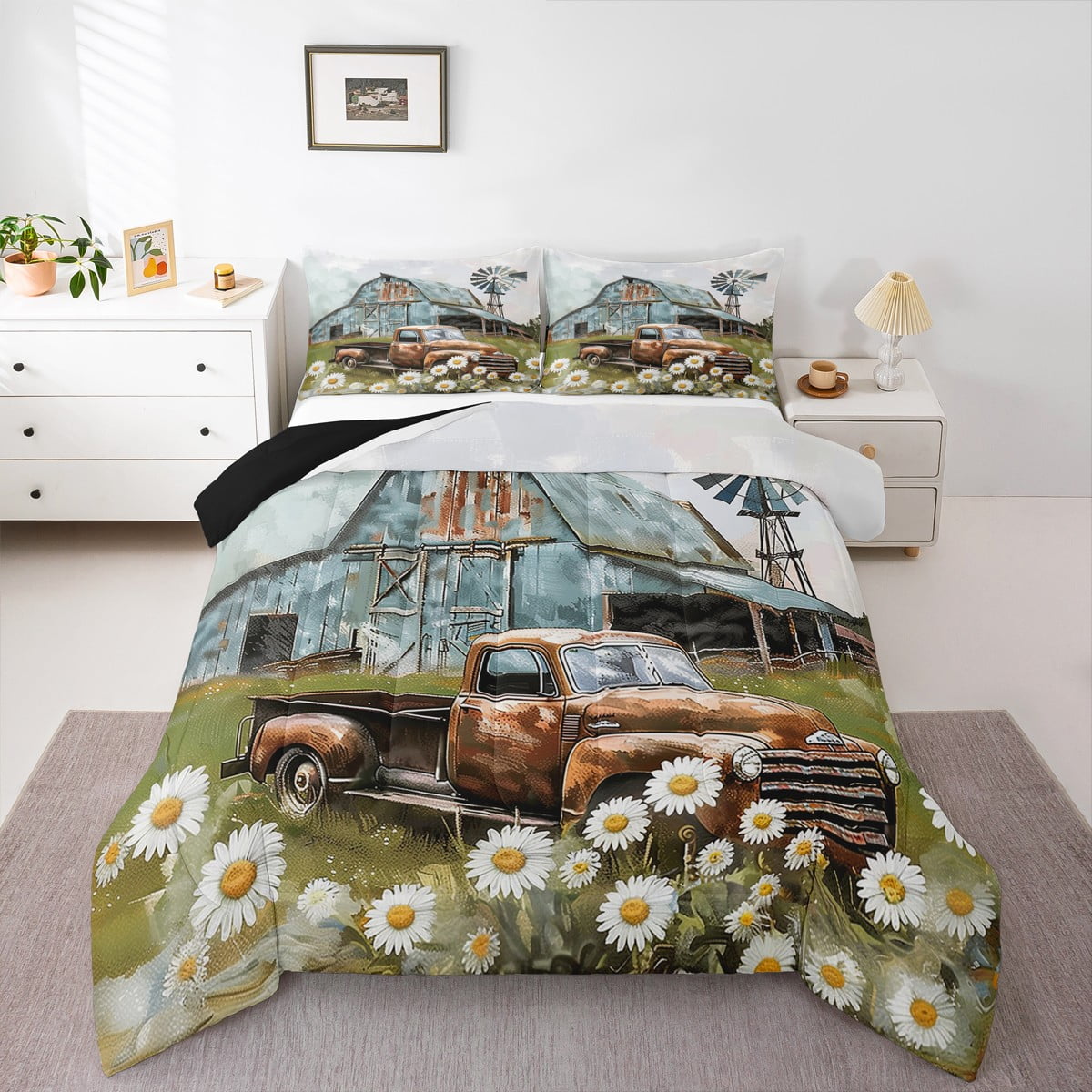 Erosebridal Old Barn Windmill Bedding Sets Queen with Comforter,Rustic Farmhouse Truck Duvet ...