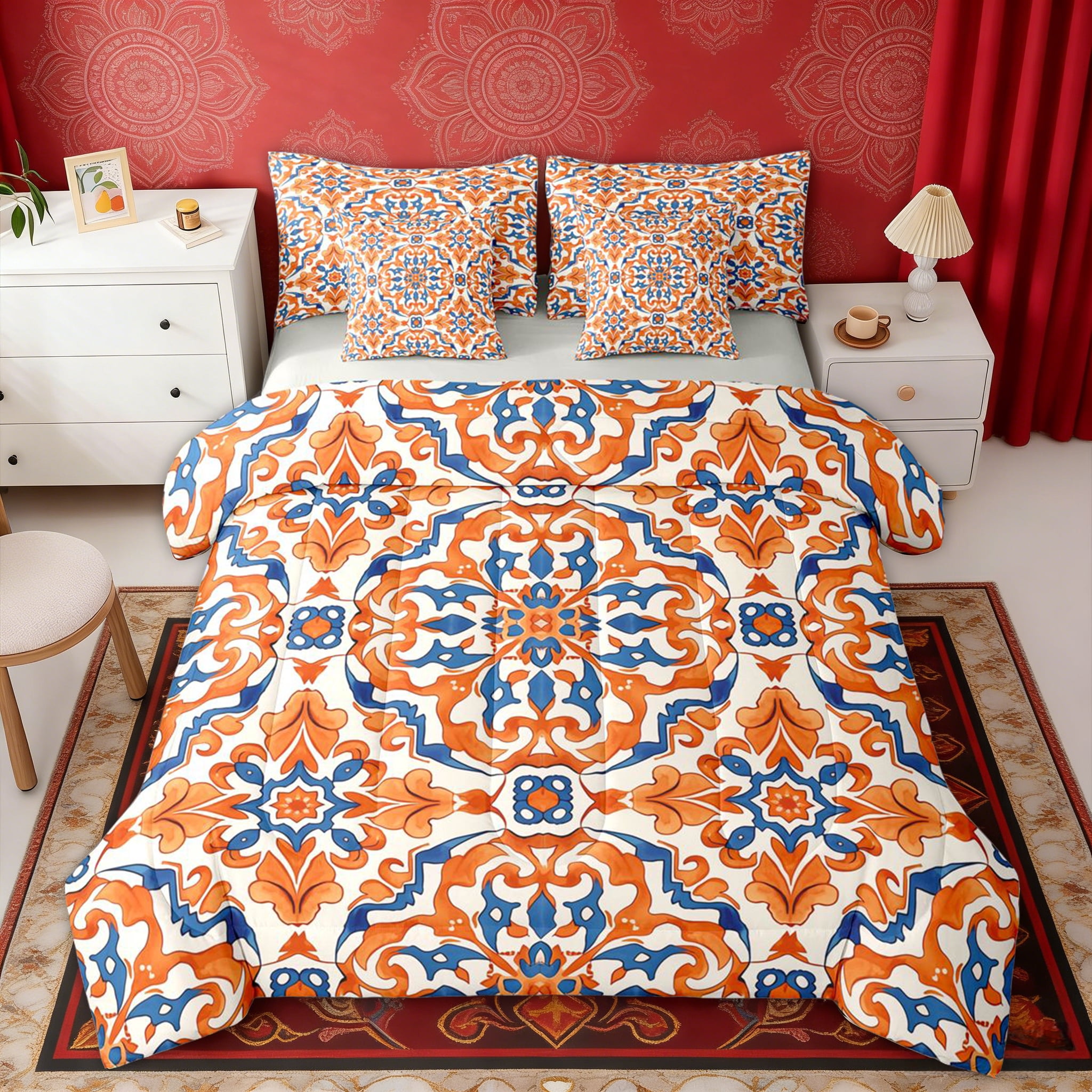 Erosebridal Orange Blue Mandala Bedding Comforter Set, Bohemian Paisley ...
