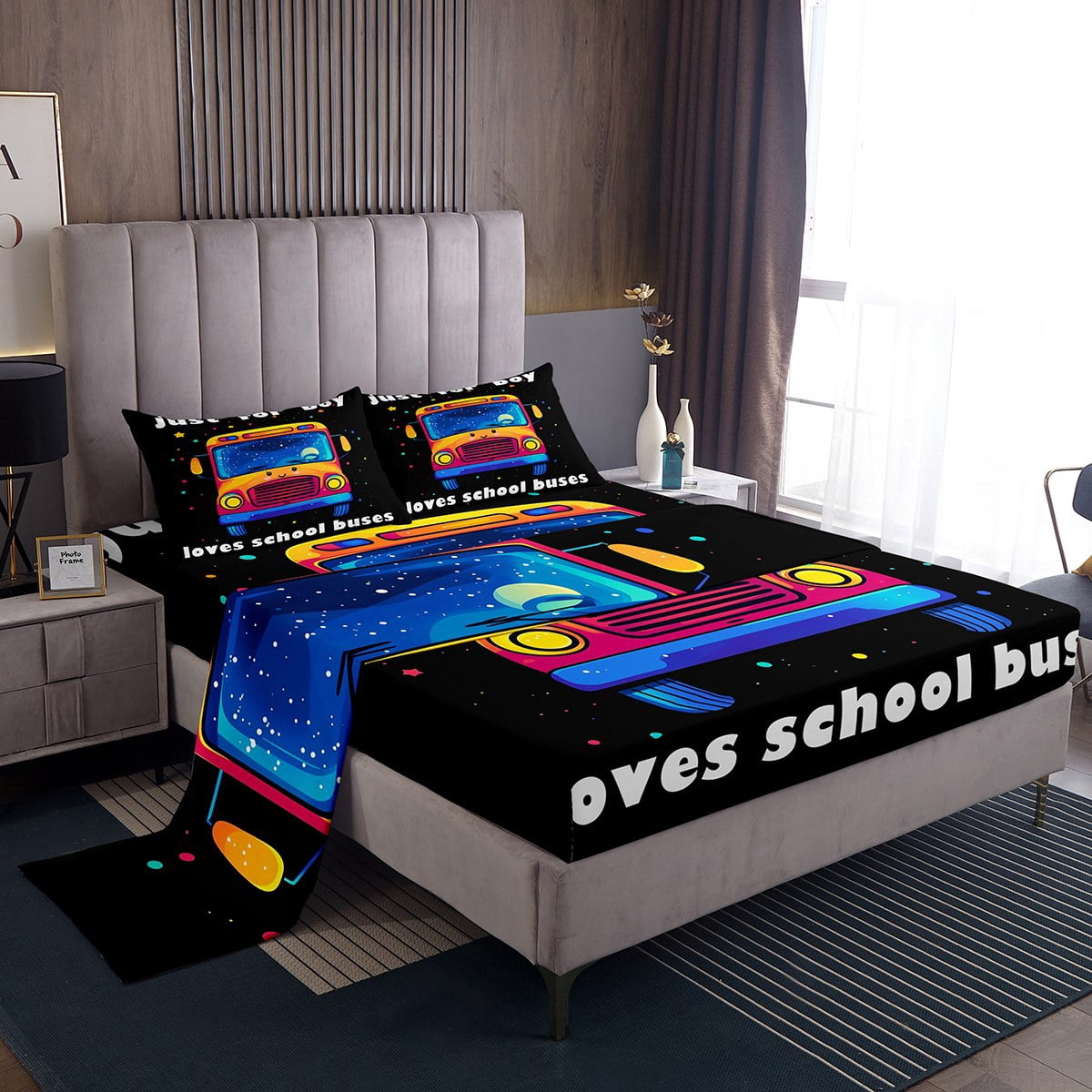 Erosebridal Orange Blue School Bus Bed Sheets King, Starry Sky Bedding ...
