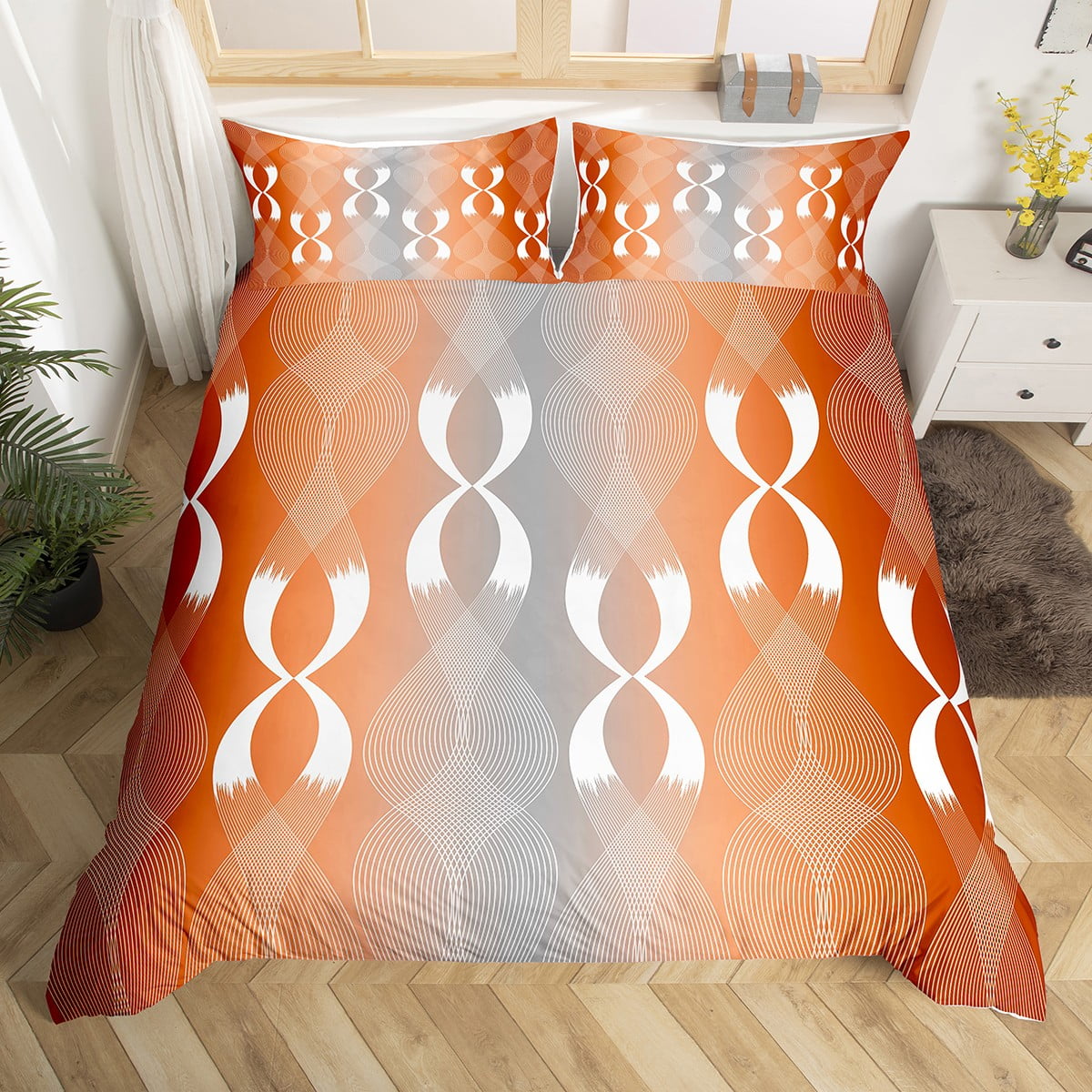 Erosebridal Orange Gray Wave Lines Duvet Cover Queen,Geometric Geometry ...