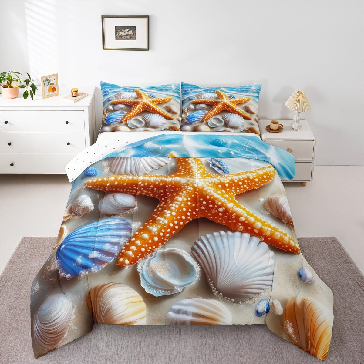 Erosebridal Orange Starfish Comforter Sets Twin Size, Marine Seashell ...