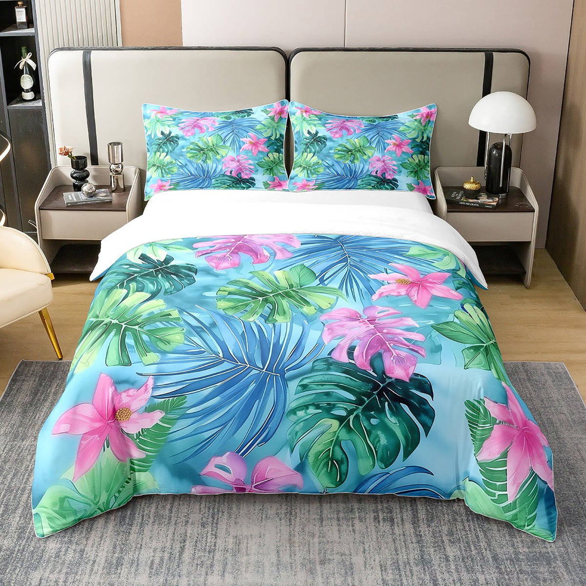 Erosebridal Palm Leaf 100% Cotton Duvet Cover Queen Size, Pink Floral ...