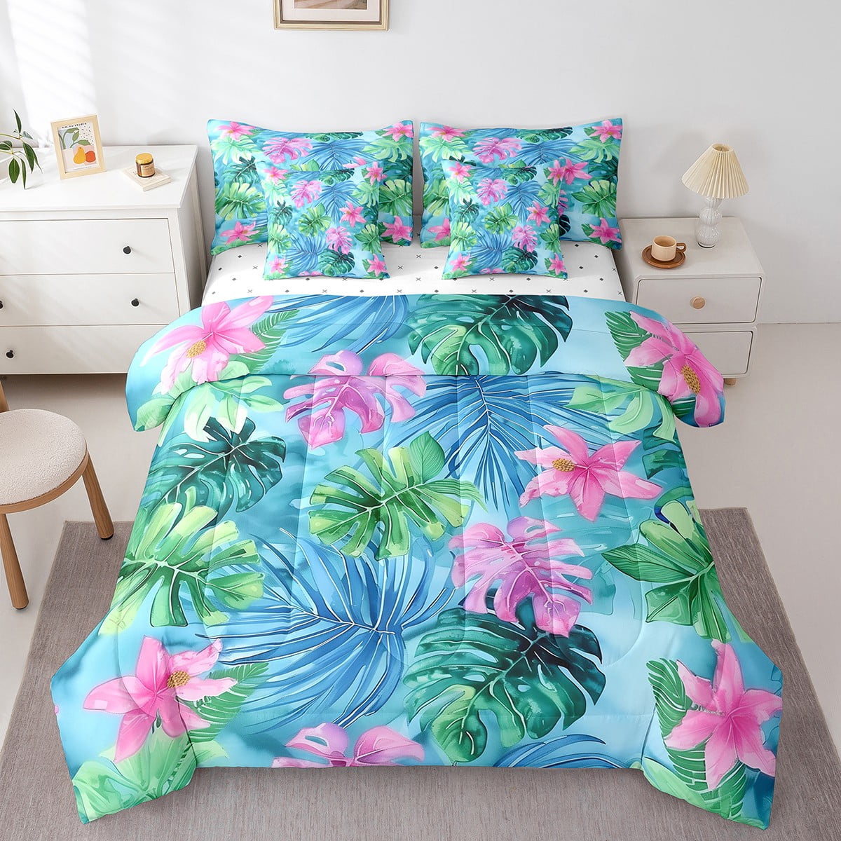 Erosebridal Palm Leaf Bedding Sets Queen Size, Pink Floral Flower ...