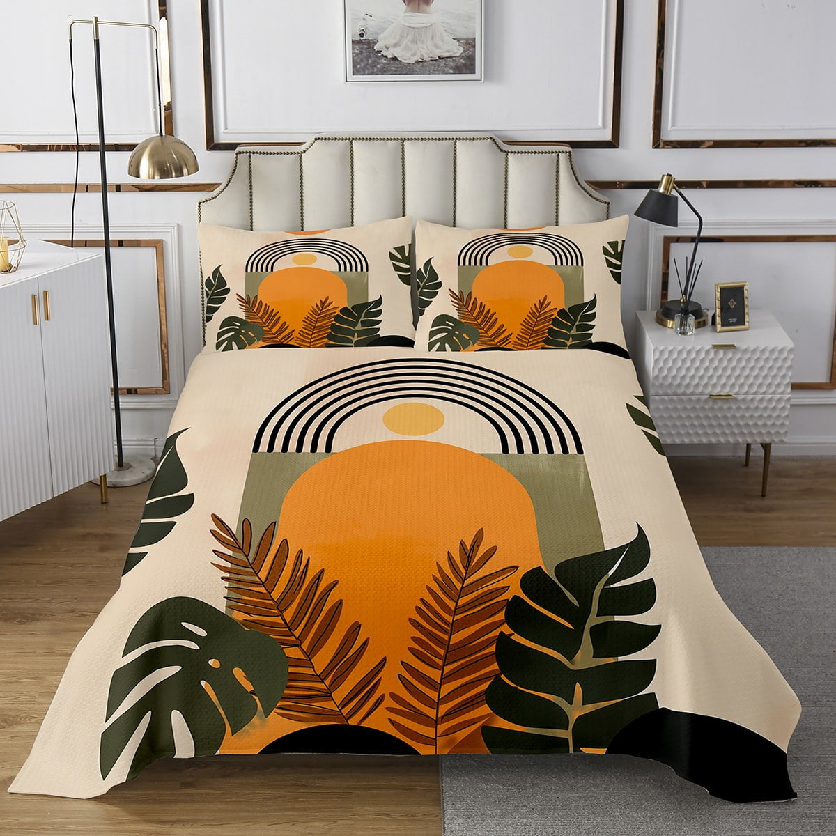 Erosebridal Palm Leaf Bedspread King Size Black Geometric Stripes ...