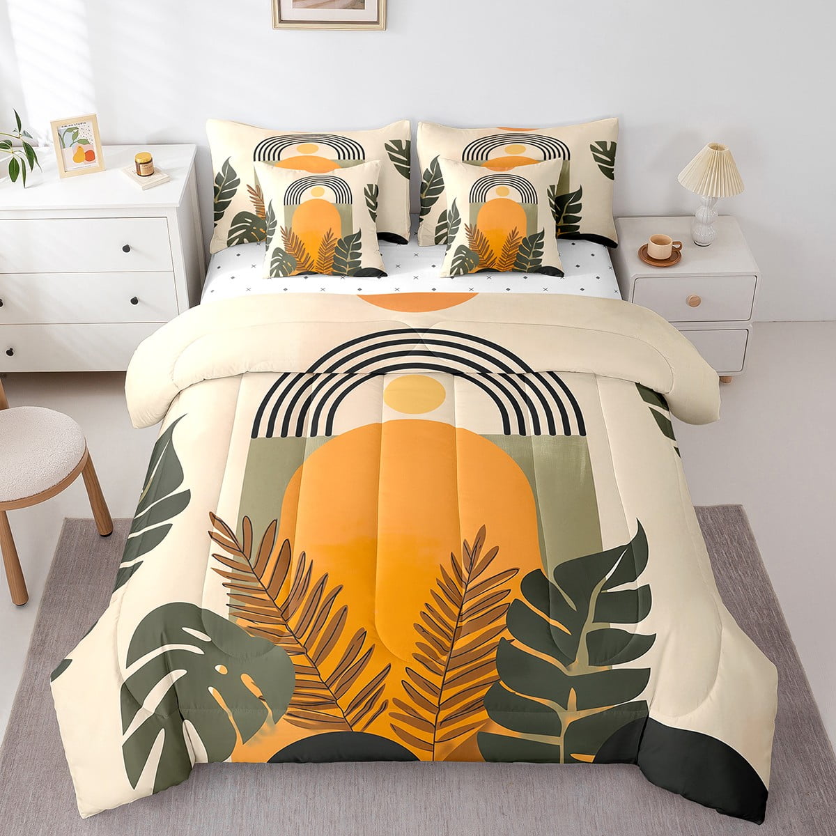 Erosebridal Palm Leaf Comforter Set Queen 7 Pcs Black Geometric Stripes ...