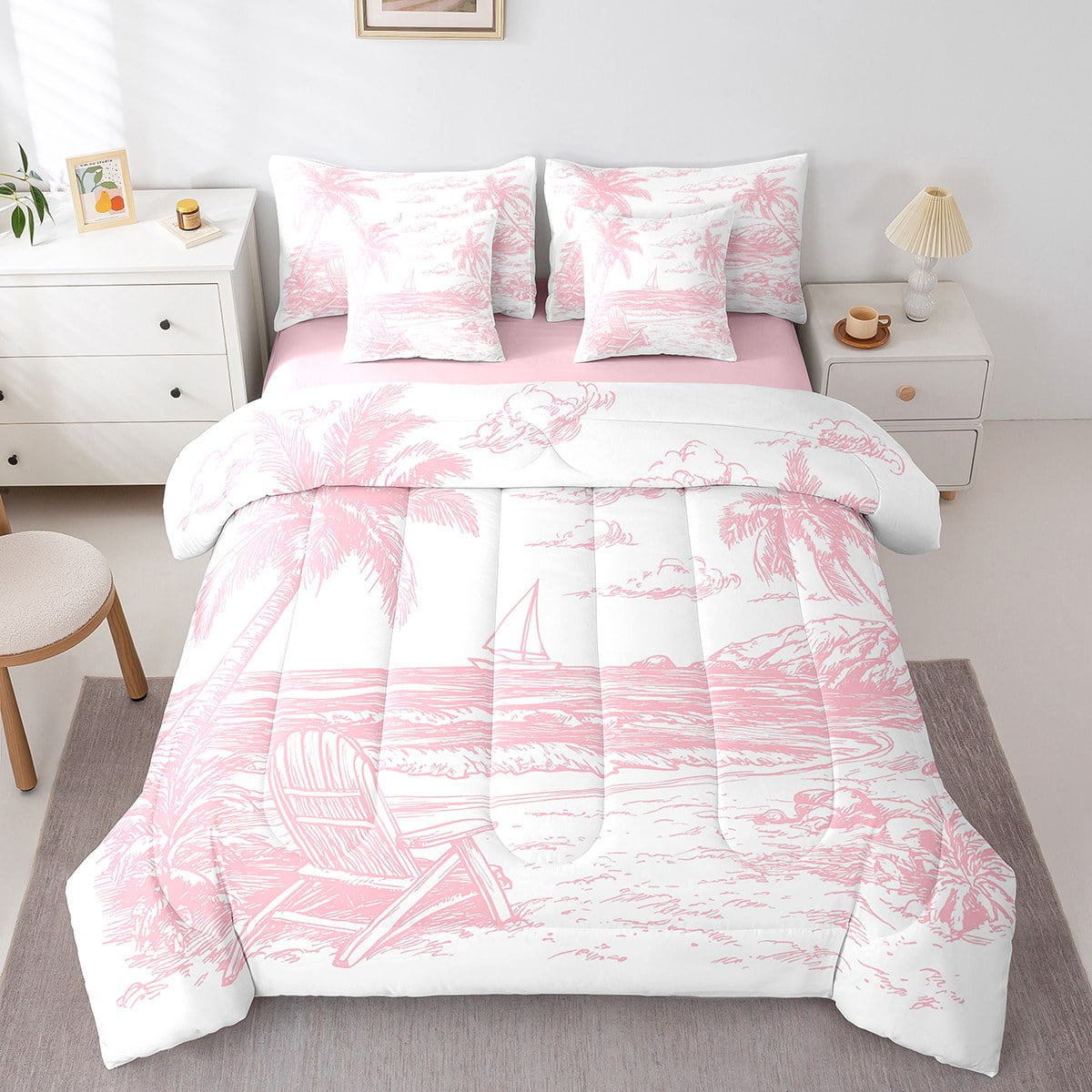 Erosebridal Palm Tree Bed in a Bag King size,Pink White Bedding Sets ...