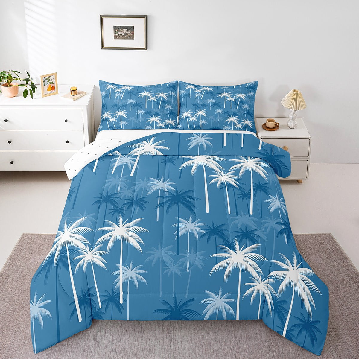 Erosebridal Palm Tree Bedding King Comforter Set,Blue White Bedding ...