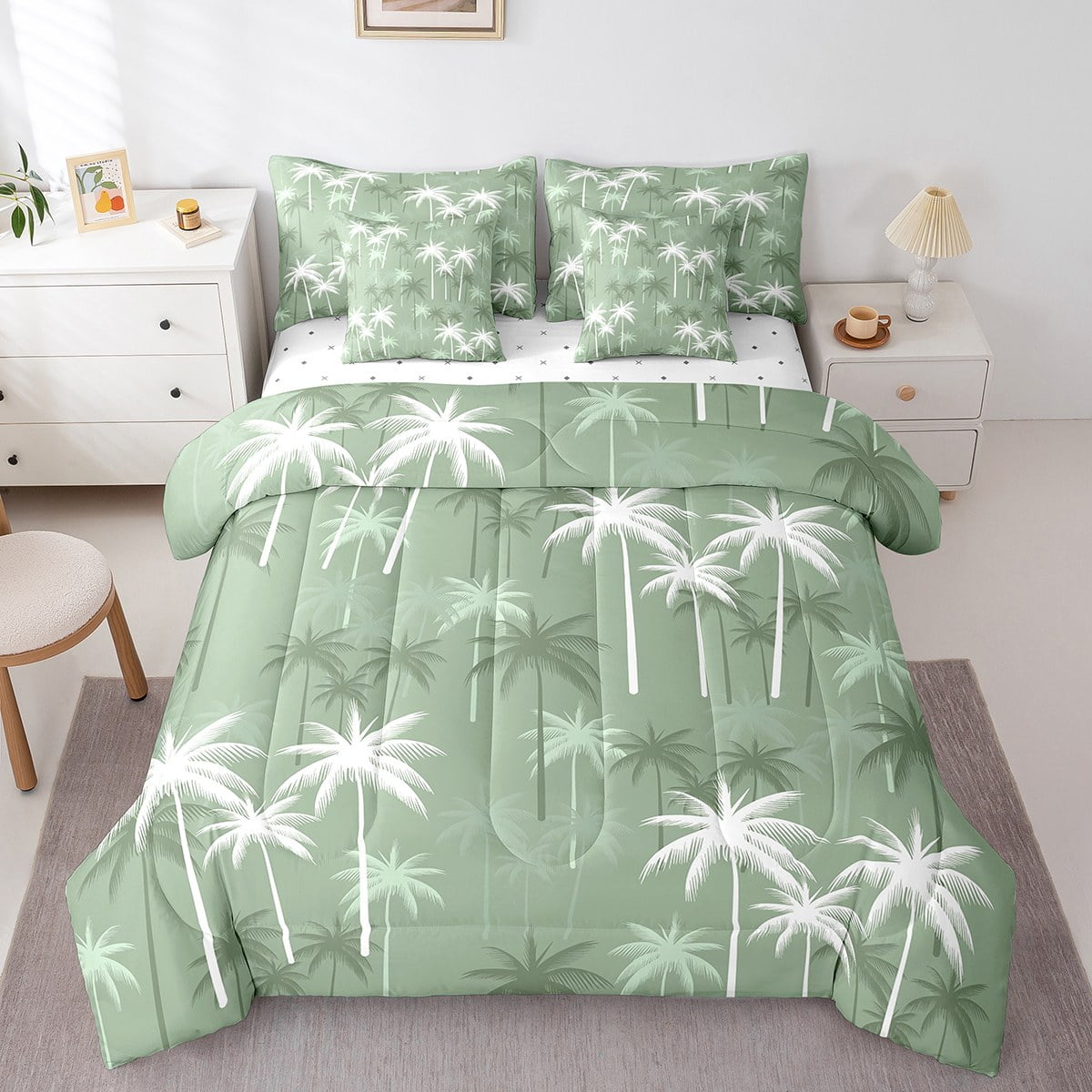 Erosebridal Palm Tree Bedding Queen Size,Green White Bed in a Bag Queen ...