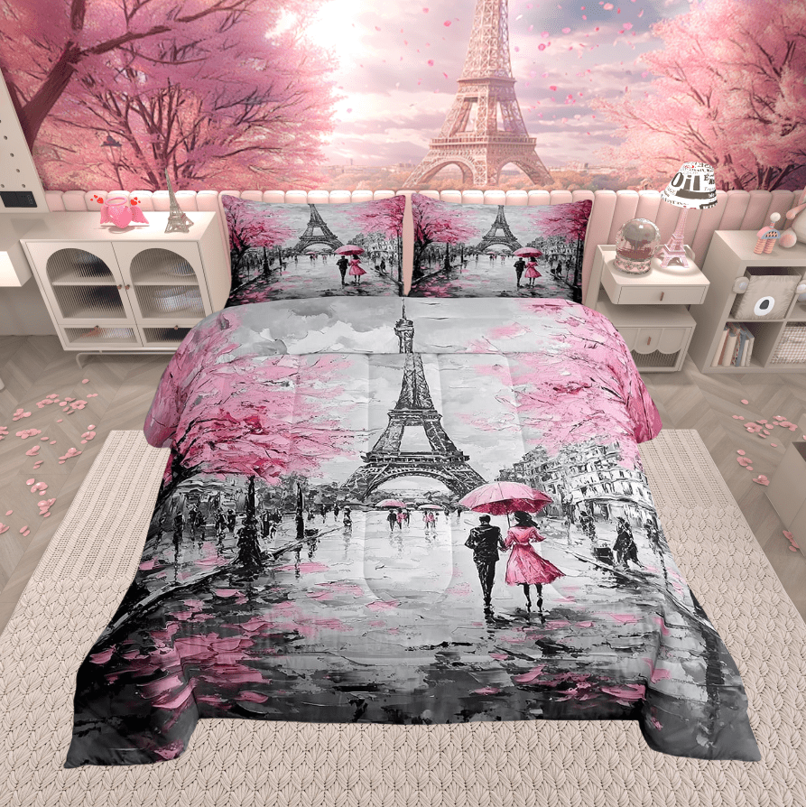 Erosebridal Paris Bedding Set Full Size Pink and Gray Eiffel Tower ...