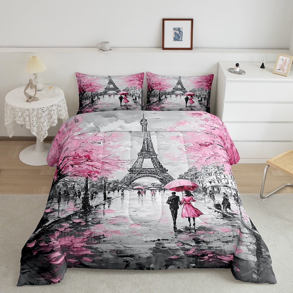 Erosebridal Paris Bedding Set Twin Size Pink and Gray Eiffel Tower Comforter Set for Teens ...