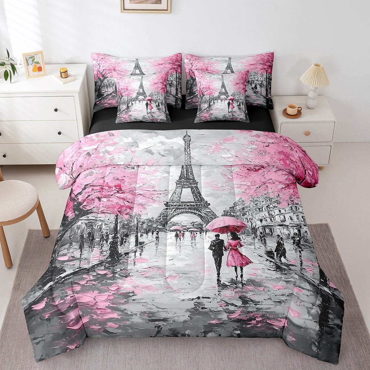 Erosebridal Paris Comforter Set with Sheets Pink and Gray Eiffel Tower ...