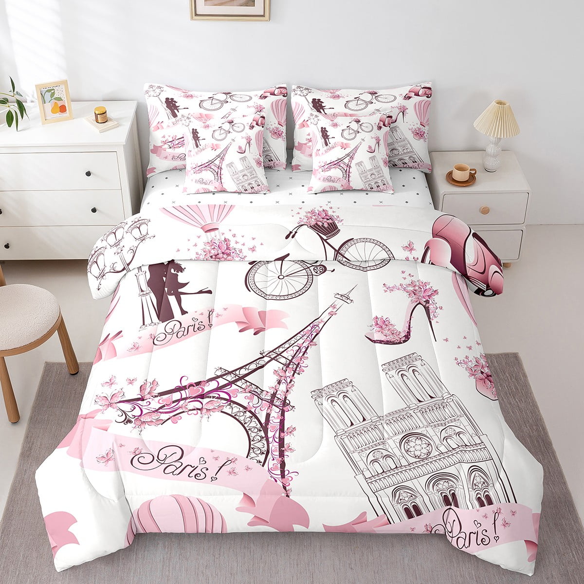 Erosebridal Paris Eiffel Tower Bedding Queen Size,Floral High Heels Comforter Sets with Sheets ...