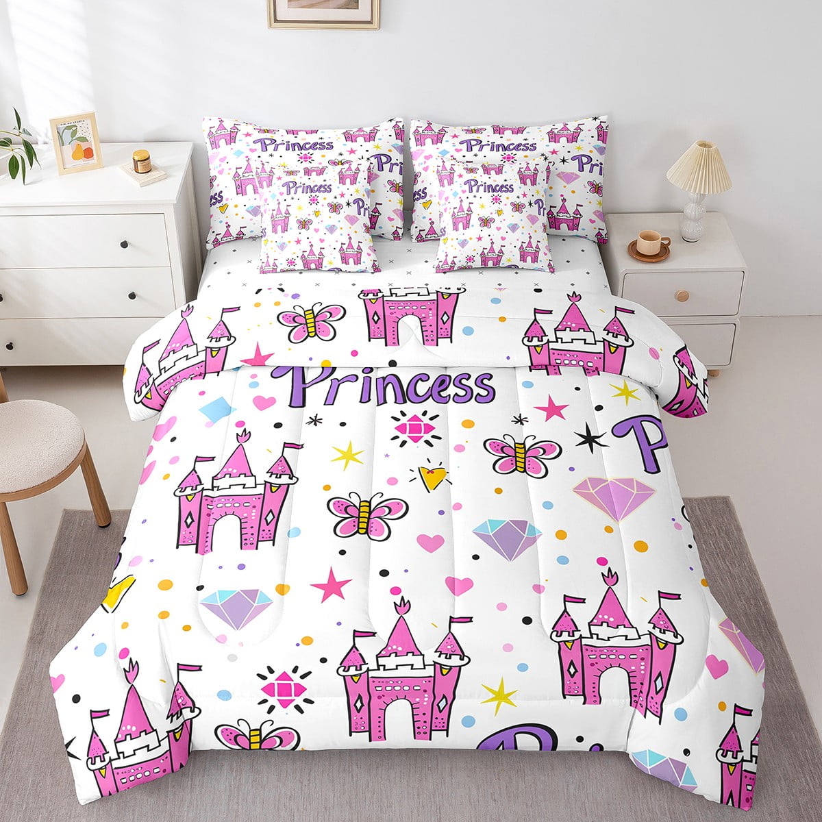 Erosebridal Pink Castle Bed in a Bag Queen size, Cute Princess Bed Set, Cartoon Butterfly Decor ...
