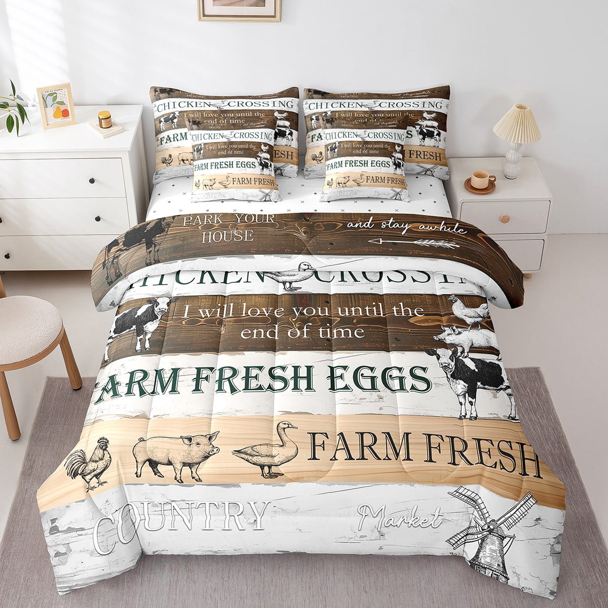 Erosebridal Pig Rooster Cow Bedding Sets King Size,Rustic Cabin Bed in ...
