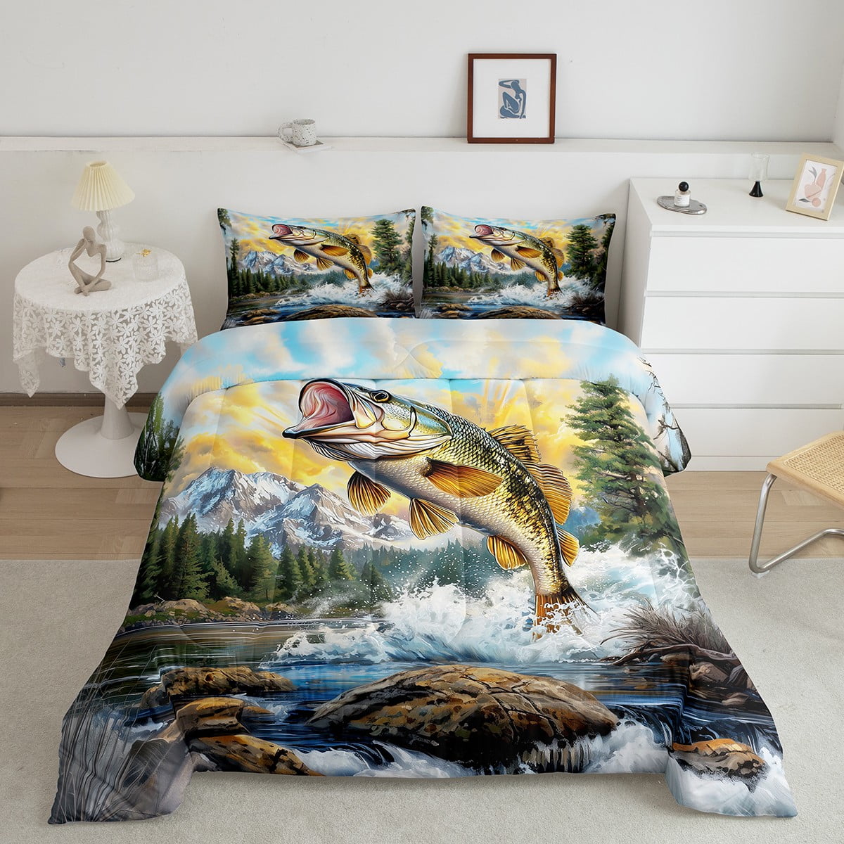 Erosebridal Pike Fish Bedding Set King Size Bass Big Fish Comforter Set ...