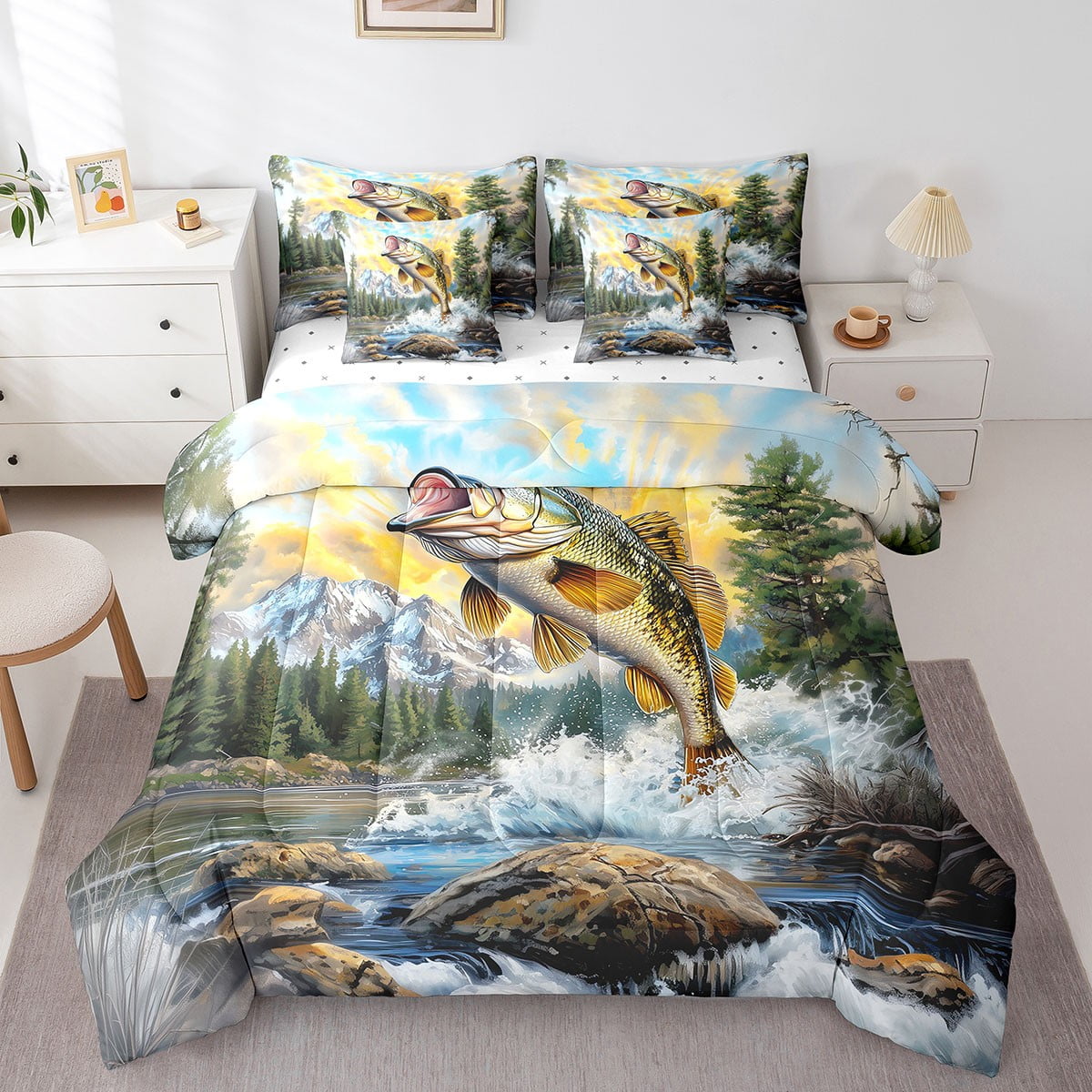 Erosebridal Pike Fish Comforter Set with Sheets Bass Big Fish Bed in a ...