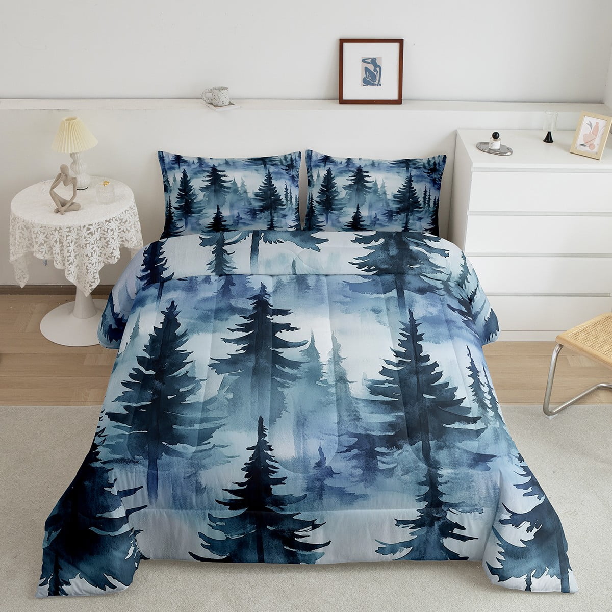 Erosebridal Pine Tree Bedding Twin Comforter Set, Blue Watercolor Down ...