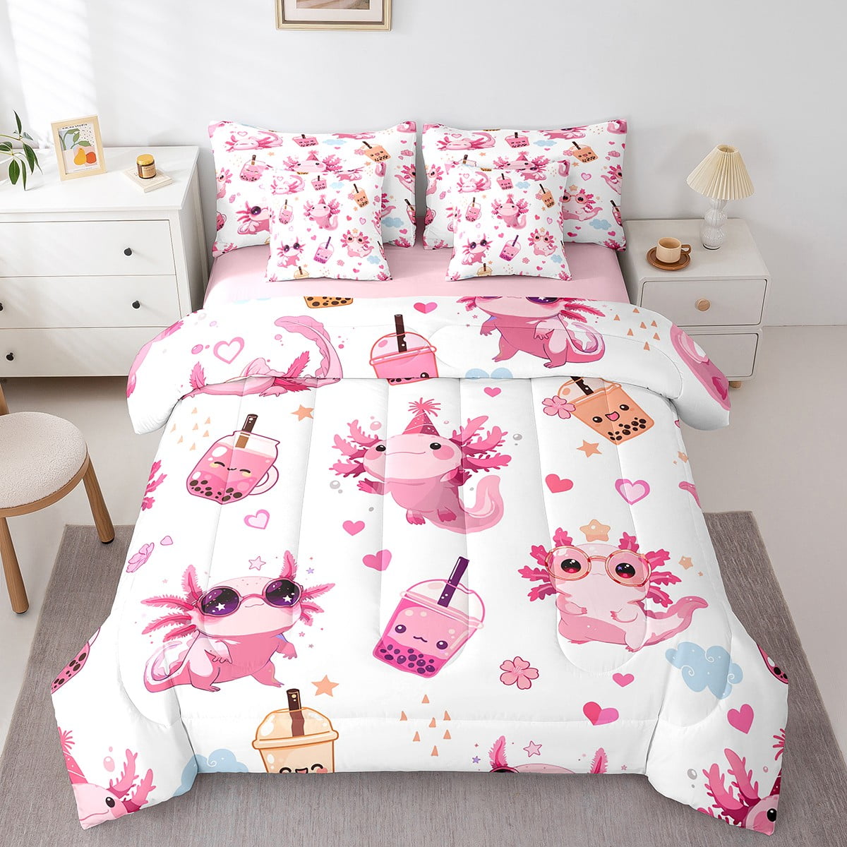 Erosebridal Pink Axolotl Bedding Sets Queen Size, Funny Animal Bedding Queen Size, Cute Cartoon ...