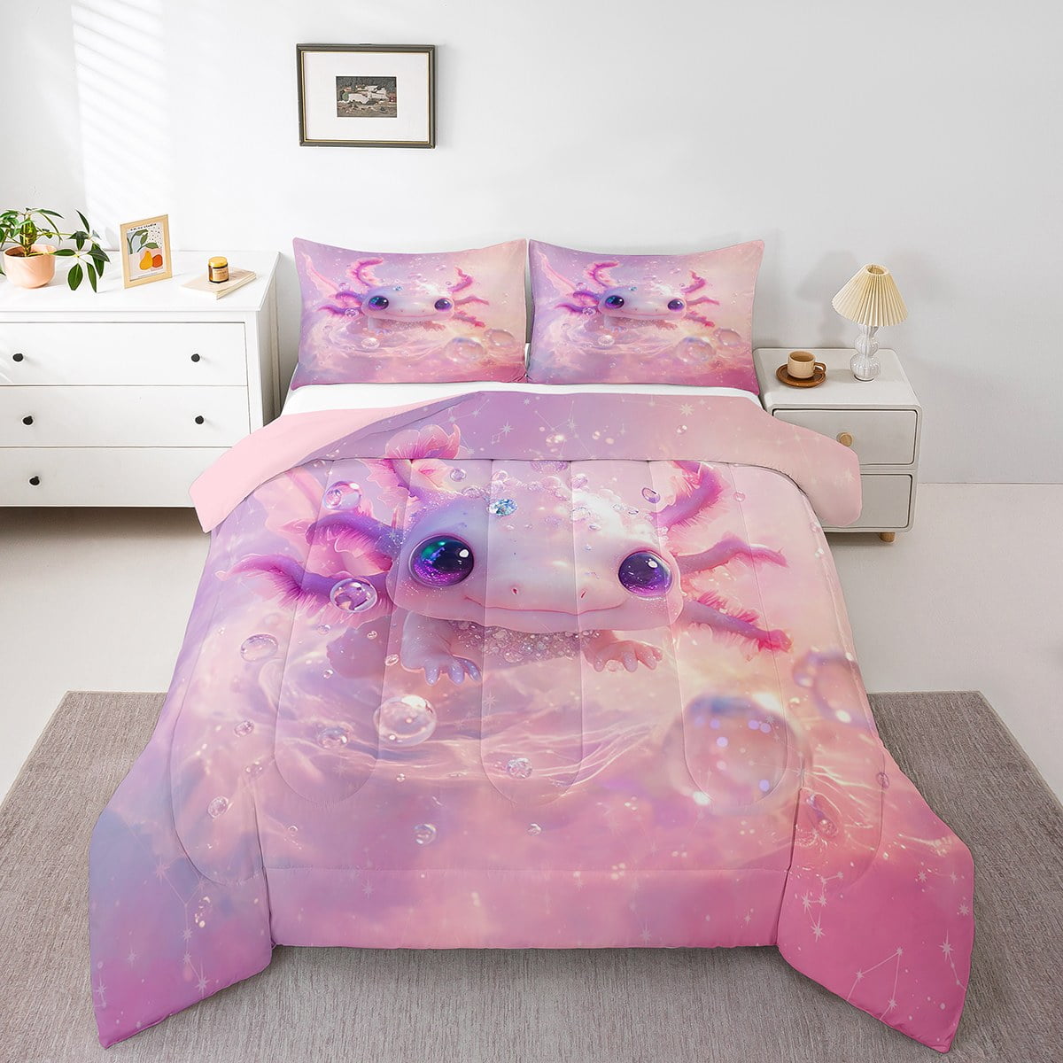 Erosebridal Pink Axolotl Comforter Set Queen Size Cute Ocean Sealife ...