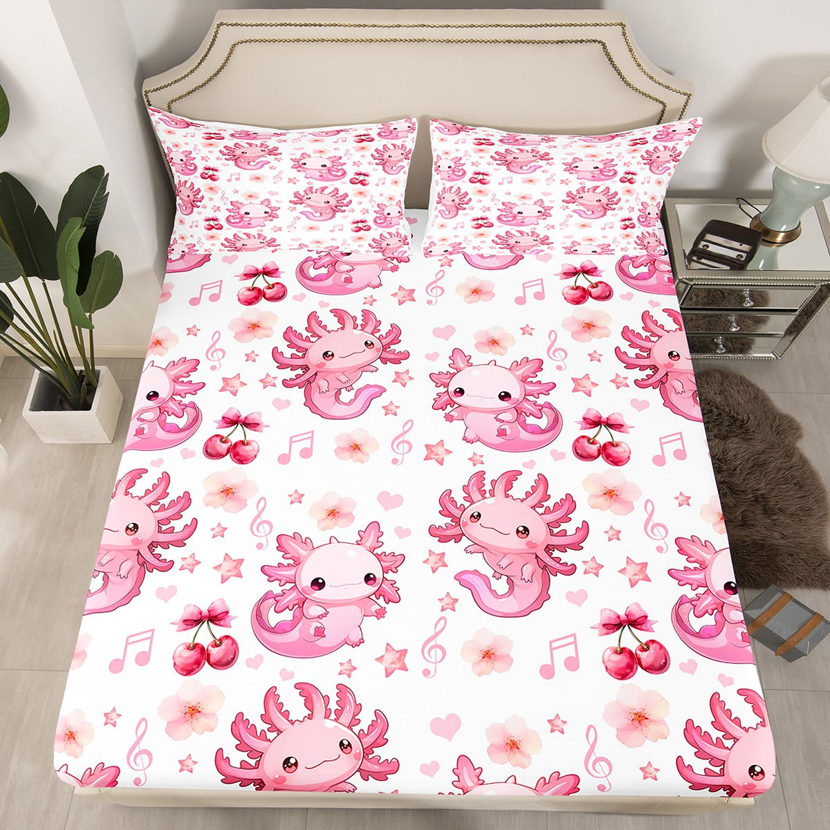 Erosebridal Pink Axolotl Fitted Sheet Full Cartoon Axolotl Bed Sheets ...