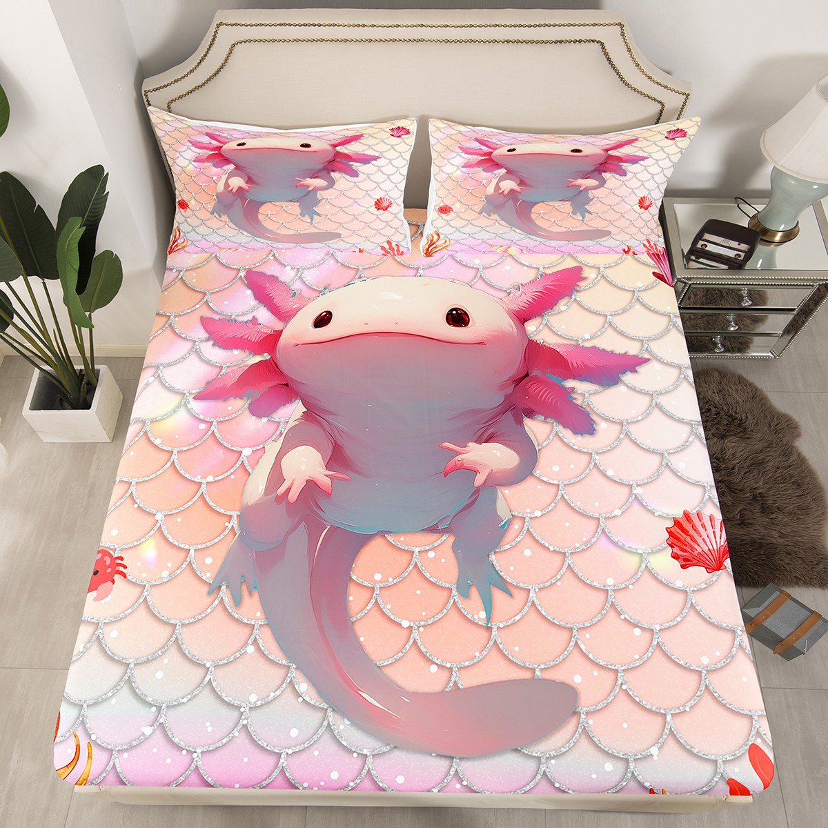 Erosebridal Pink Axolotl Twin Fitted Sheet Cute Animal Bedding Set Room ...