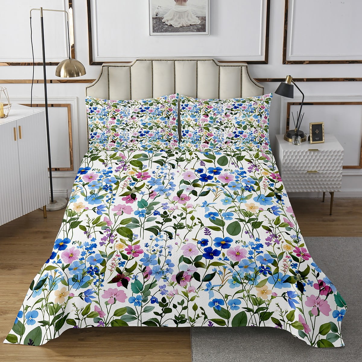 Erosebridal Pink Blue Floral Coverlet Set Twin, Botanical Flower Leaf ...